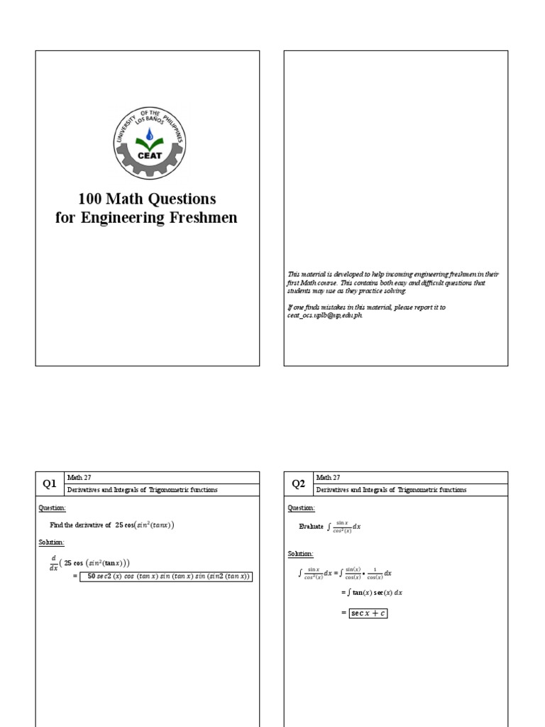 Math Questions for Engineering Freshmen | PDF | Trigonometric Functions ...