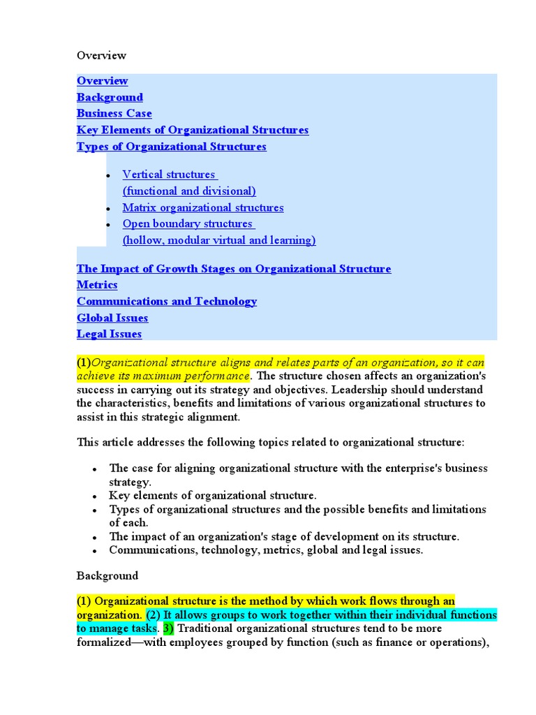 Background Business Case Key Elements of Organizational Structures ...
