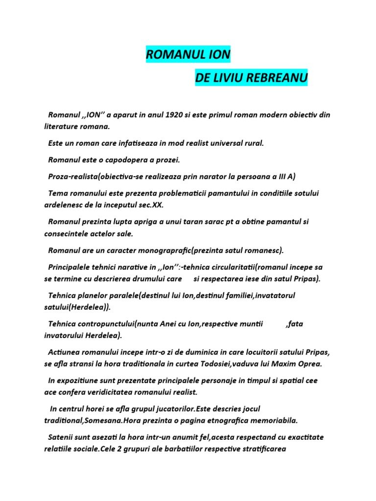 Romanul Ion de Liviu Rebreanu: Romanul ,,ION'' A Aparut in Anul 1920 Si ...