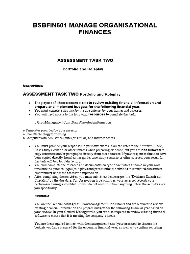 BSBFIN601 MANAGE ORGANISATIONAL FINANCES - Question Task 2 | PDF ...