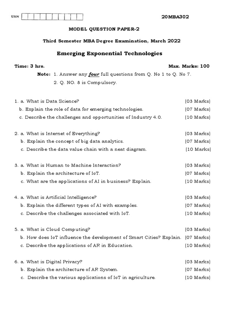 Emerging Exponential Technologies: 20MBA302 Model Question Paper-2 Third Semester MBA Degree ...
