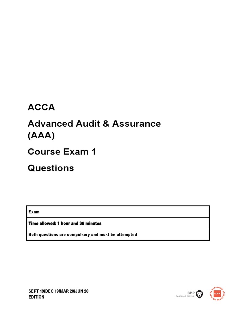ACCA - Advanced Audit and Assurance (AAA) - Course Exam 1 Questions ...