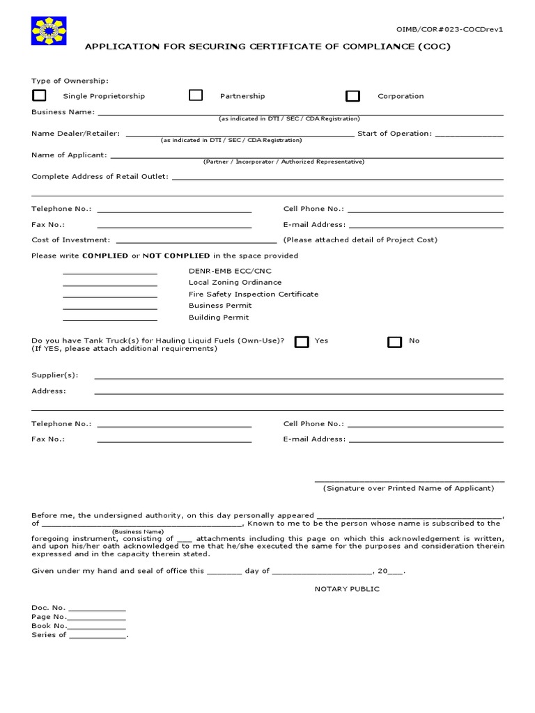 Application For Securing Certificate of Compliance (Coc) : (As ...