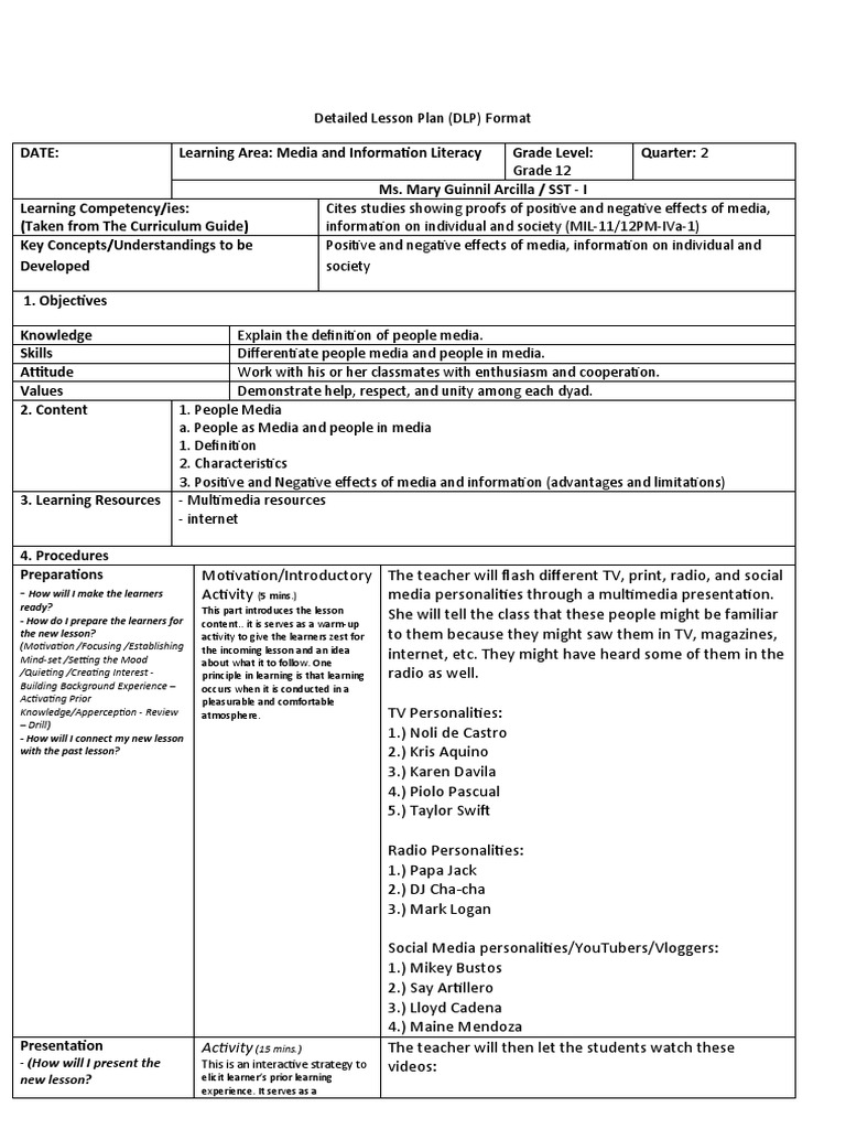 Detailed Lesson Plan DLP Format DATE Lea | PDF | Learning | Teachers