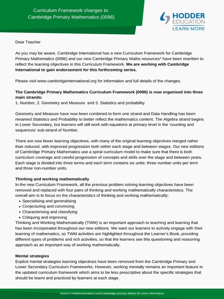 Curriculum Framework Changes To Cambridge Primary Mathematics 0096