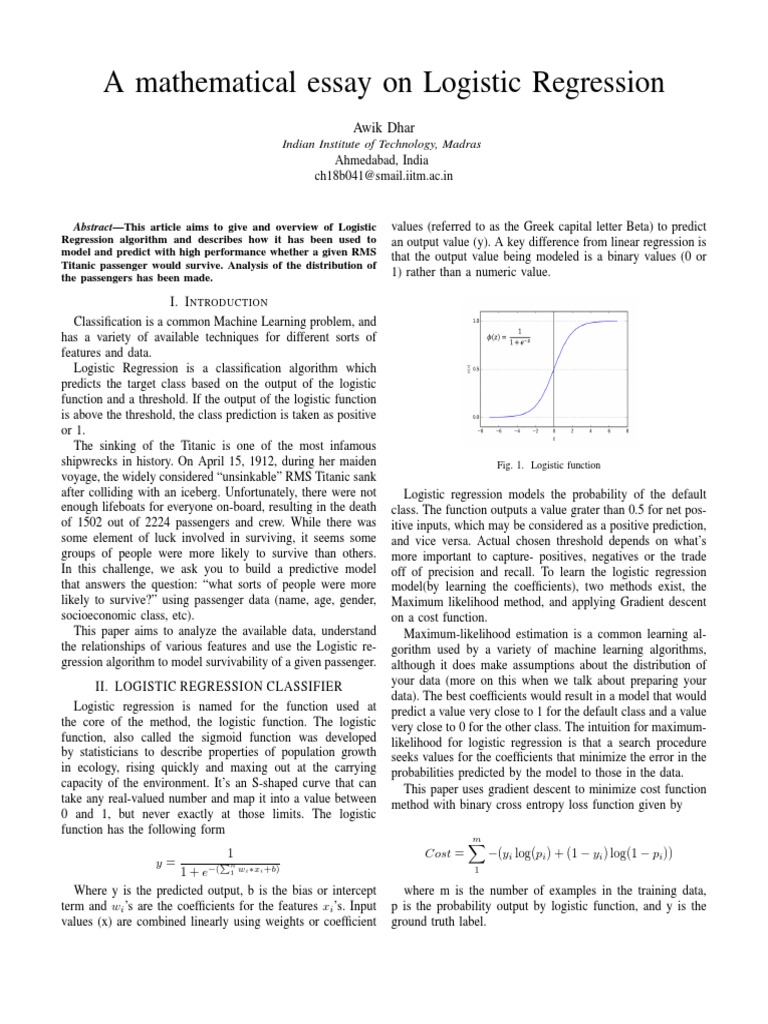 A Mathematical Essay On Logistic Regression: Awik Dhar | PDF | Logistic ...