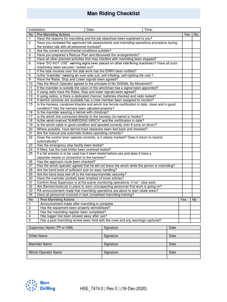 Man Riding Checklist: HSE - 7474.0 - Rev 0 - (16-Dec-2020) | PDF ...
