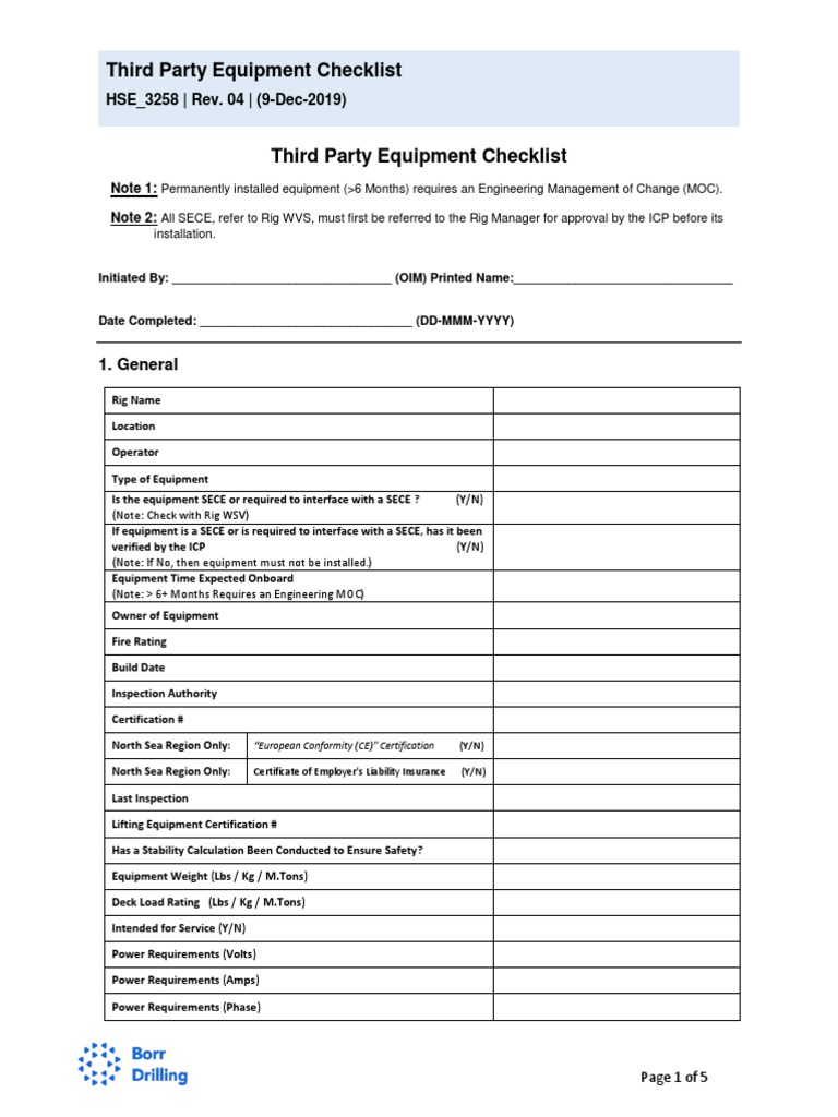 Third Party Equipment Checklist | PDF | Manufactured Goods