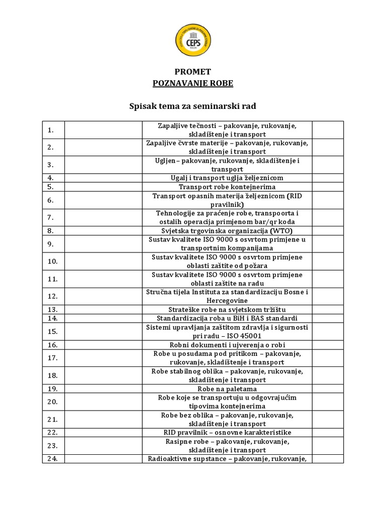 21-22 POZNAVANJE ROBE - SPISAK TEMA (PROMET I ZASTITA) | PDF