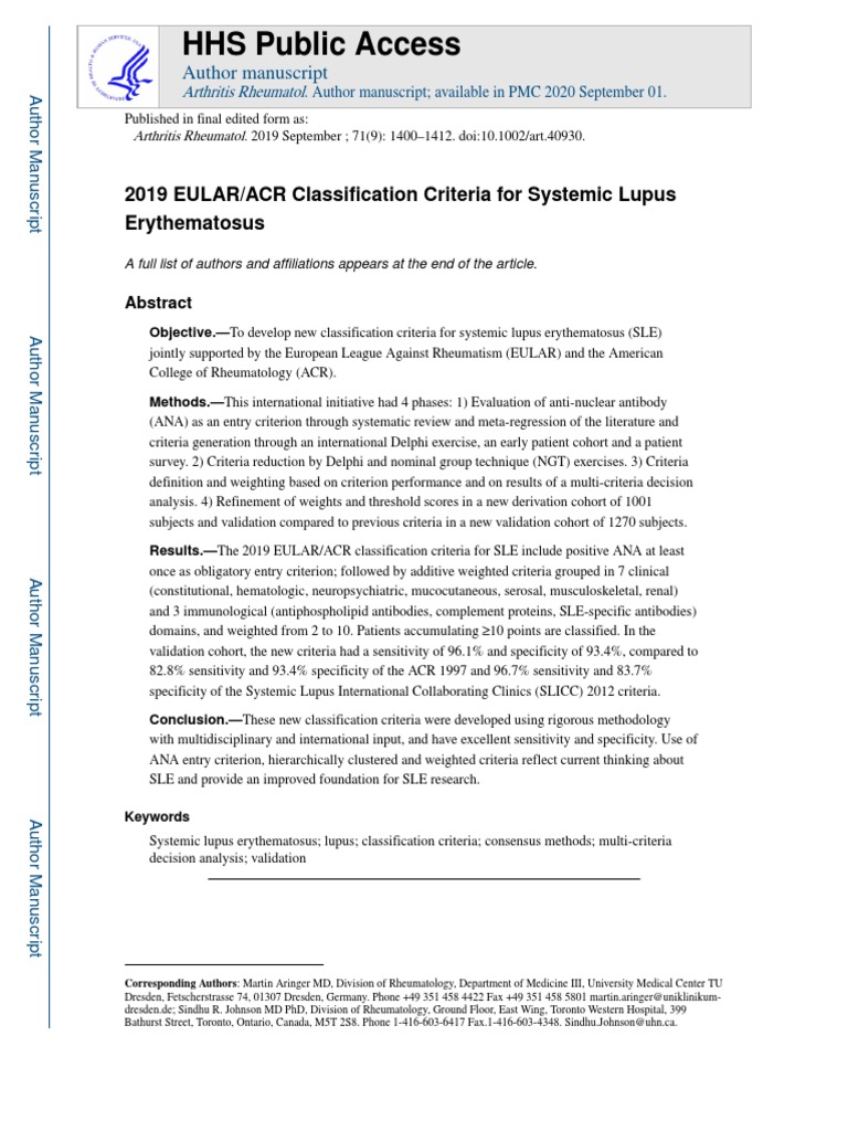 2019 EULAR SLE Criteria | PDF | Statistics | Sensitivity And Specificity