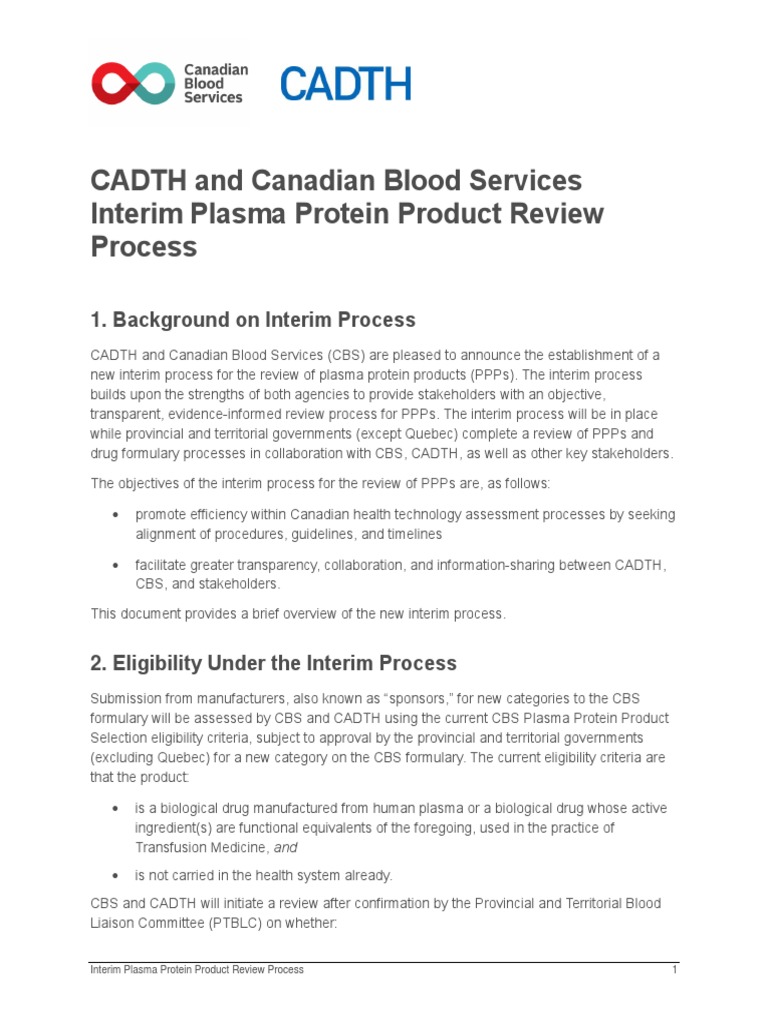 CADTH and Canadian Blood Services Interim Plasma Protein Product Review ...