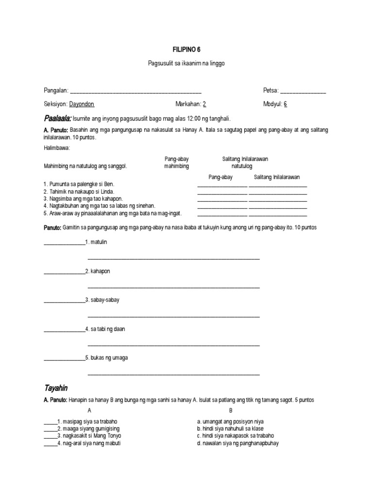 FILIPINO 6 Pagsususlit M6 | PDF