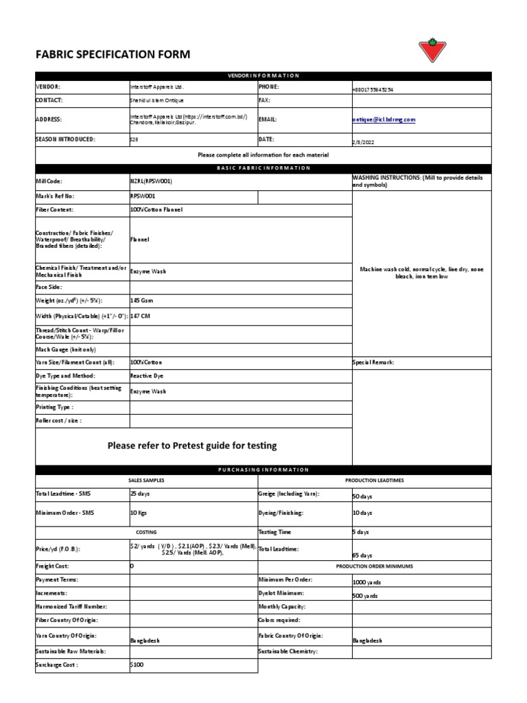 Fabric Specification Form: Please Refer To Pretest Guide For Testing ...