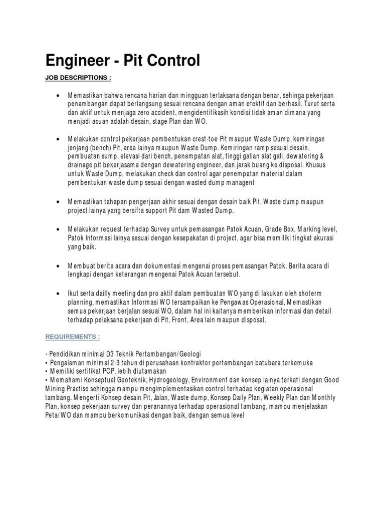 Job Desk Pit Control SPV Dan Supt Operation | PDF