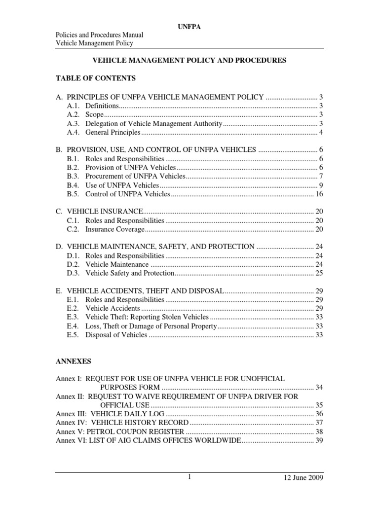 UNFPA Vehicle Management Guidelines | PDF | Insurance | Vehicle ...