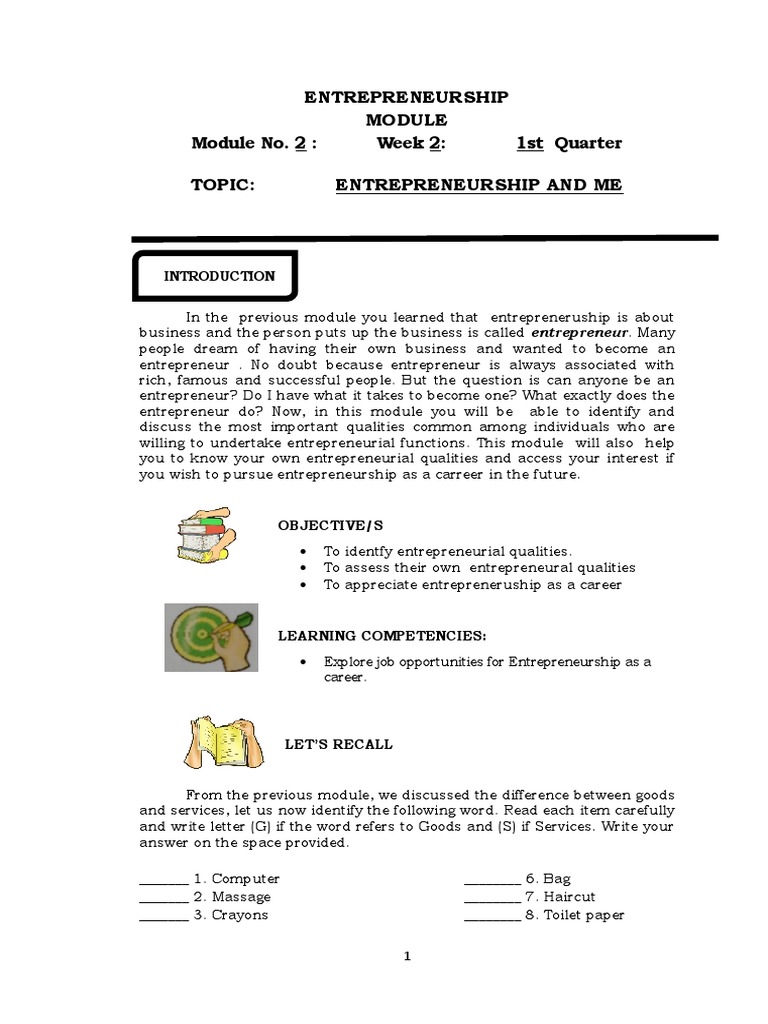 Entrepreneurship Module No. 2: Week 2: 1st Quarter Topic ...