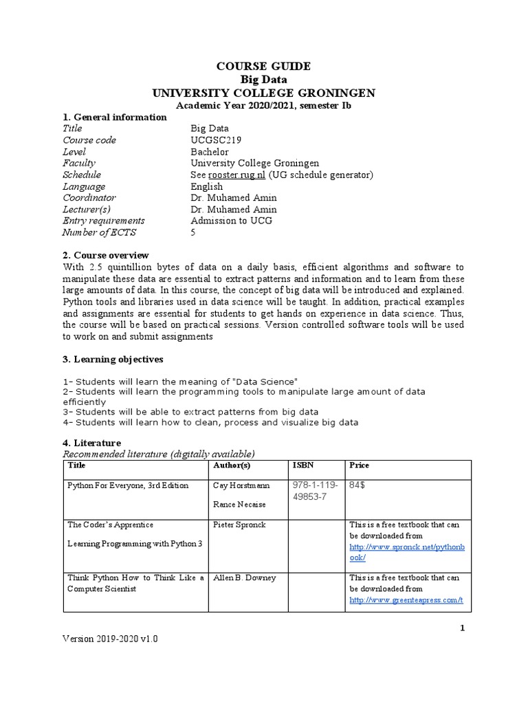 Course Guide Big Data University College Groningen: Academic Year 2020/ ...