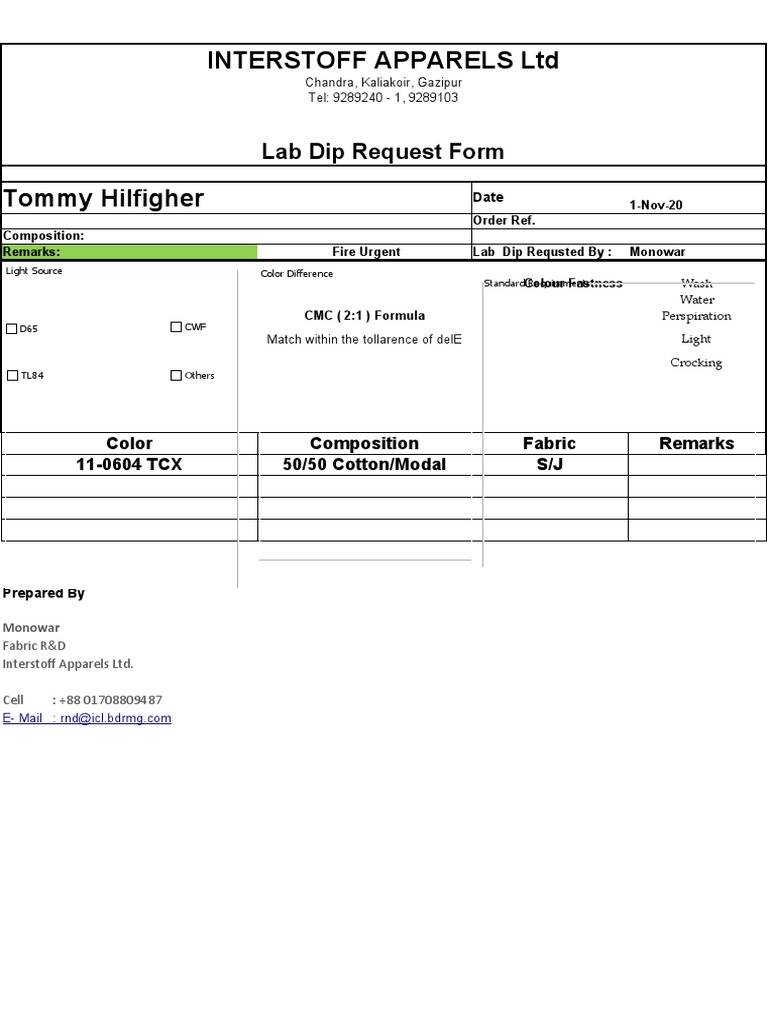 Interstoff Apparels LTD: Lab Dip Request Form | PDF | Artistic ...