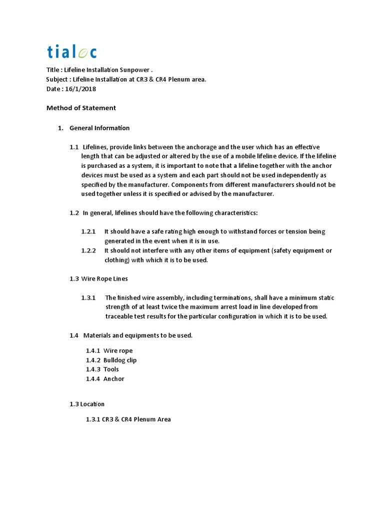 Lifeline Installation Procedure at CR3 & CR4 | PDF | Personal ...
