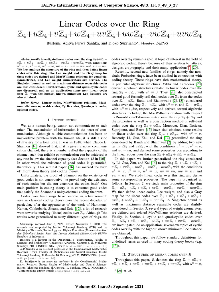 +u +V +W +uv +uw +VW +uvw: Linear Codes Over The Ring Z Z Z Z Z Z Z Z ...