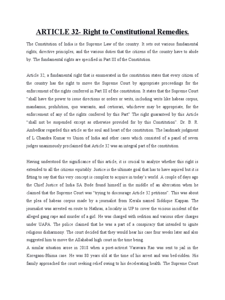 ARTICLE 32-Right To Constitutional Remedies | PDF | Writ | Supreme ...