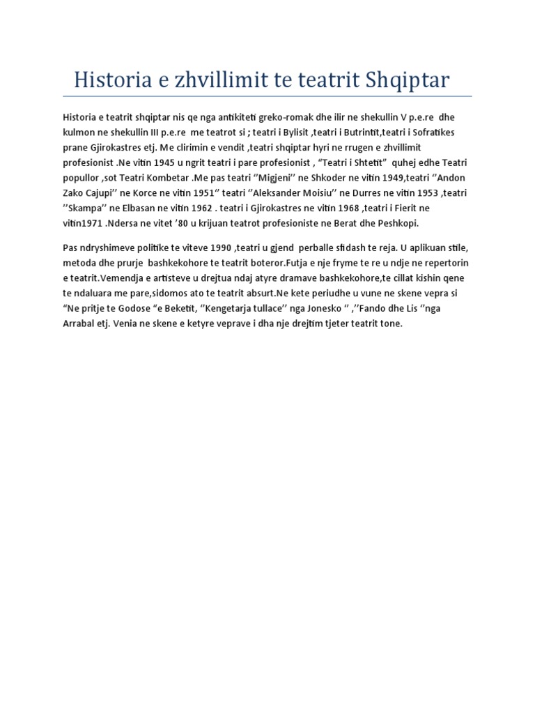 Historia e Zhvillimit Te Teatrit Shqiptar | PDF