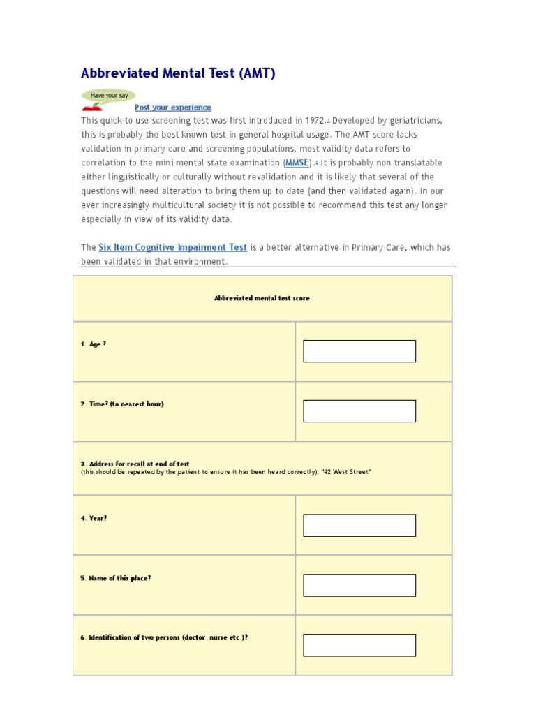 Abbreviated Mental Test | PDF | Psychology | Behavioural Sciences