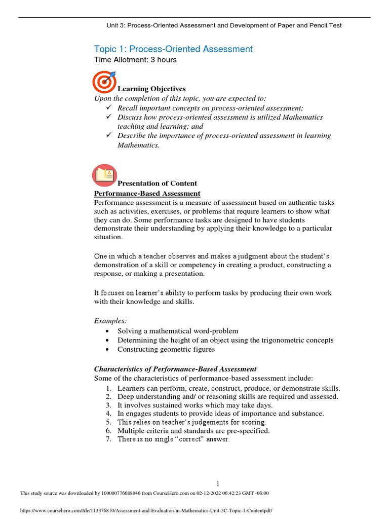 Topic 1: Process-Oriented Assessment: Learning Objectives | PDF ...