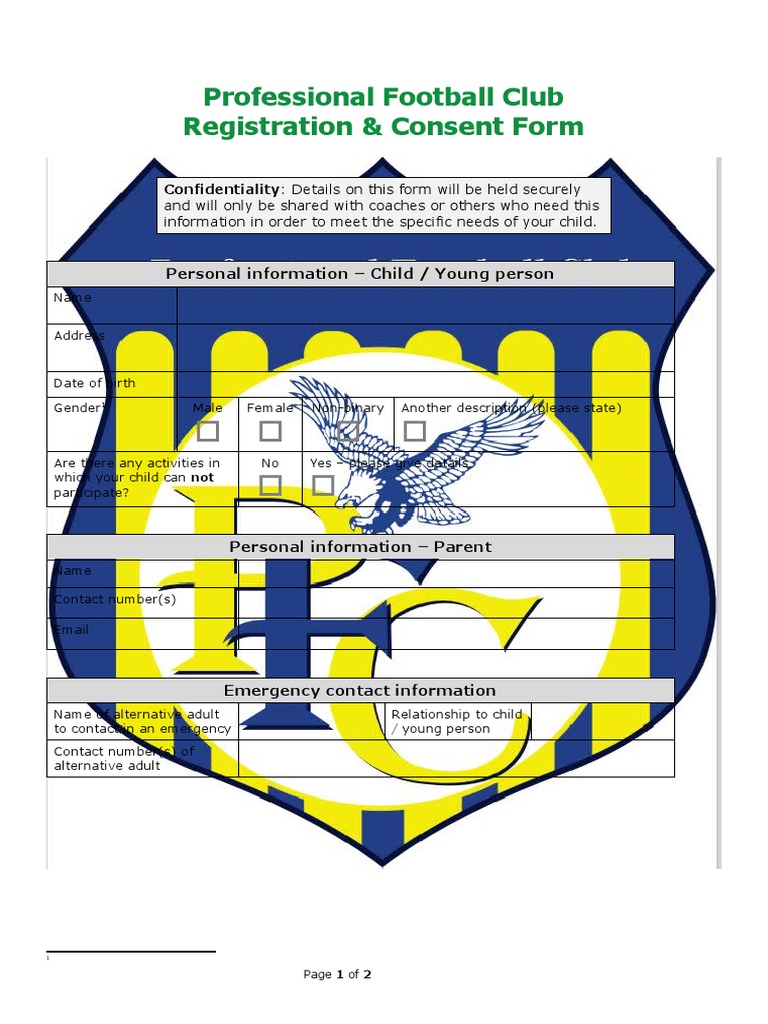 Professional Football Club Registration & Consent Form: Personal ...