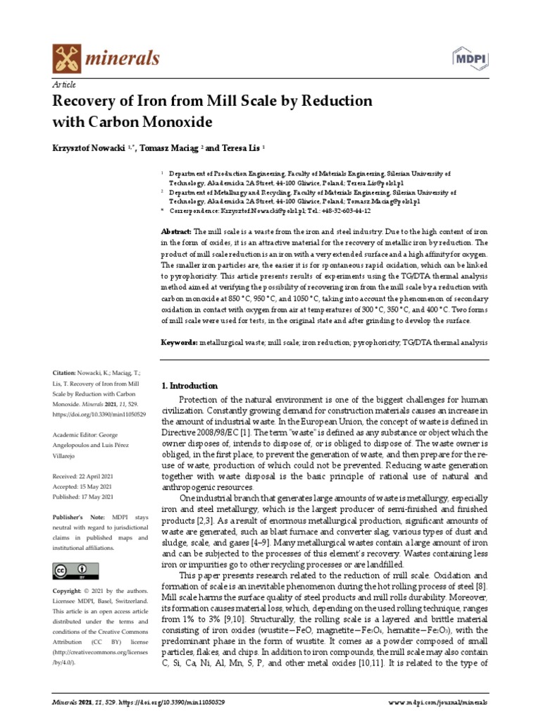 Recovery of Iron From Mill Scale by Reduction With | PDF | Iron | Redox