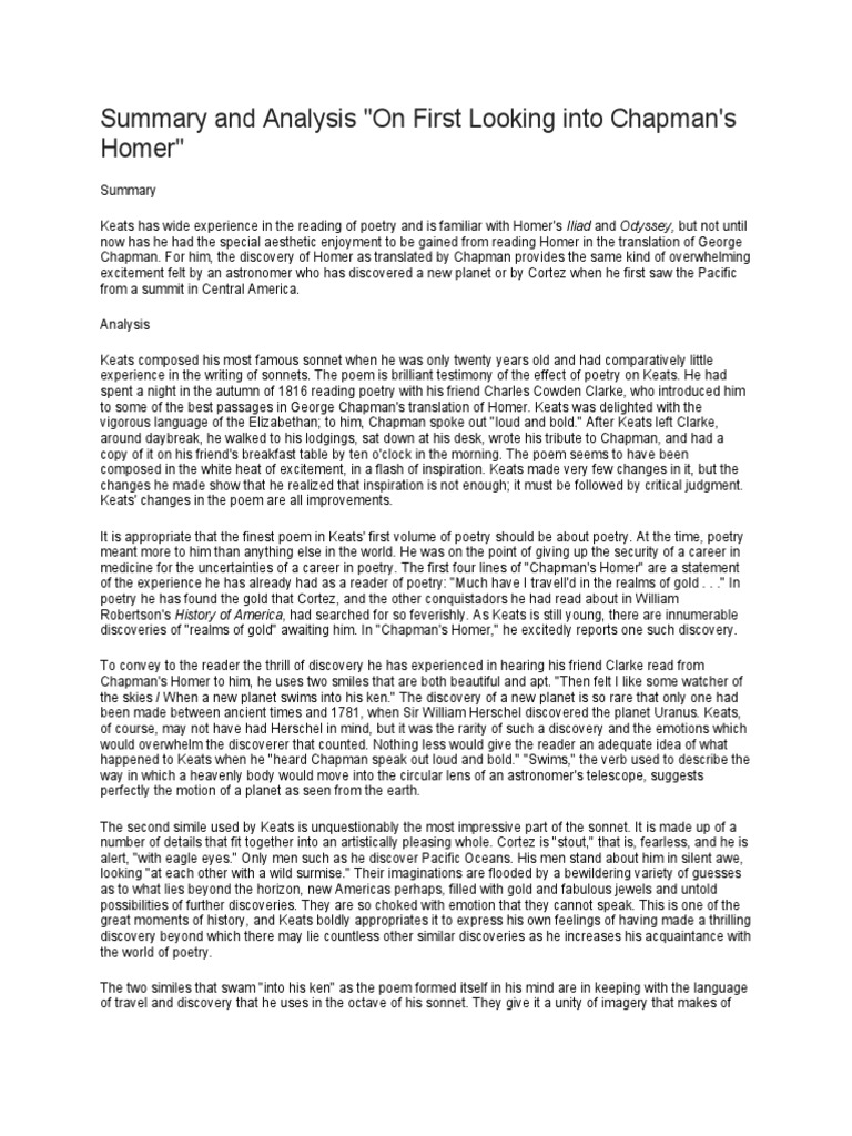 Summary and Analysis On Chapman's Homer | PDF | Poetry | John Keats
