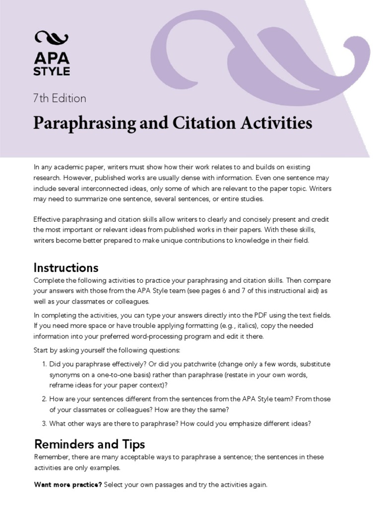 Paraphrasing Citation Activities | PDF | Citation | Apa Style