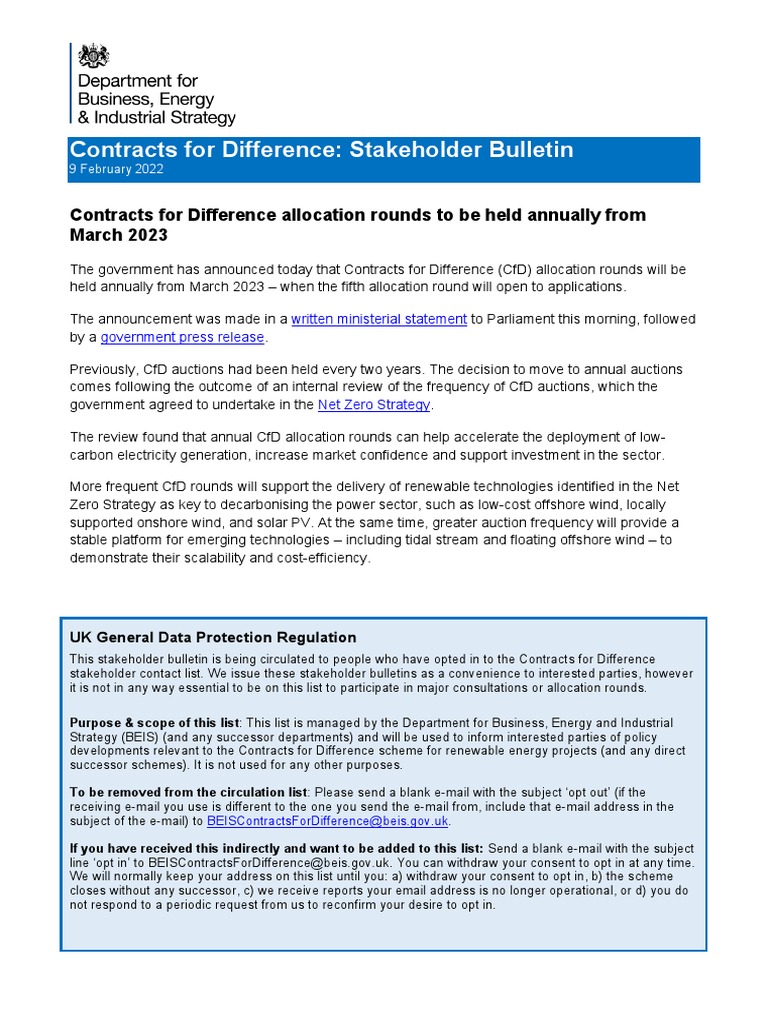 Contracts For Difference: Stakeholder Bulletin | PDF | Contract For ...
