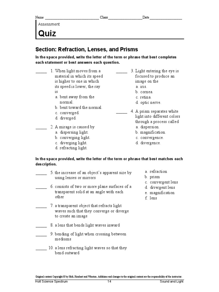 Section: Refraction, Lenses, and Prisms: Assessment | PDF | Refraction ...