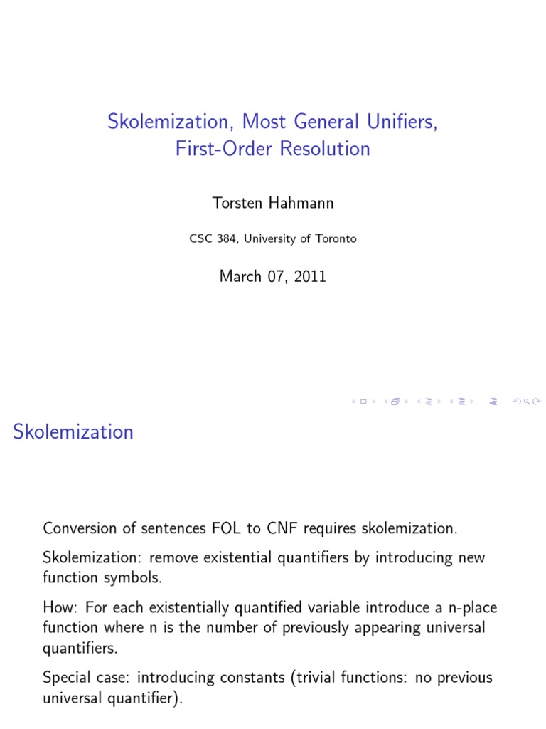 Skolemization, MGU, First Order Resolution | PDF | Mathematics | Logical Expressions