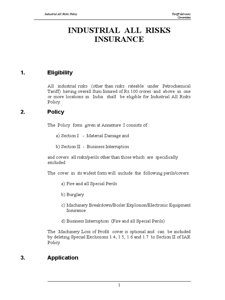 Industrial All Risks Insurance: 1. Eligibility | PDF | Insurance ...