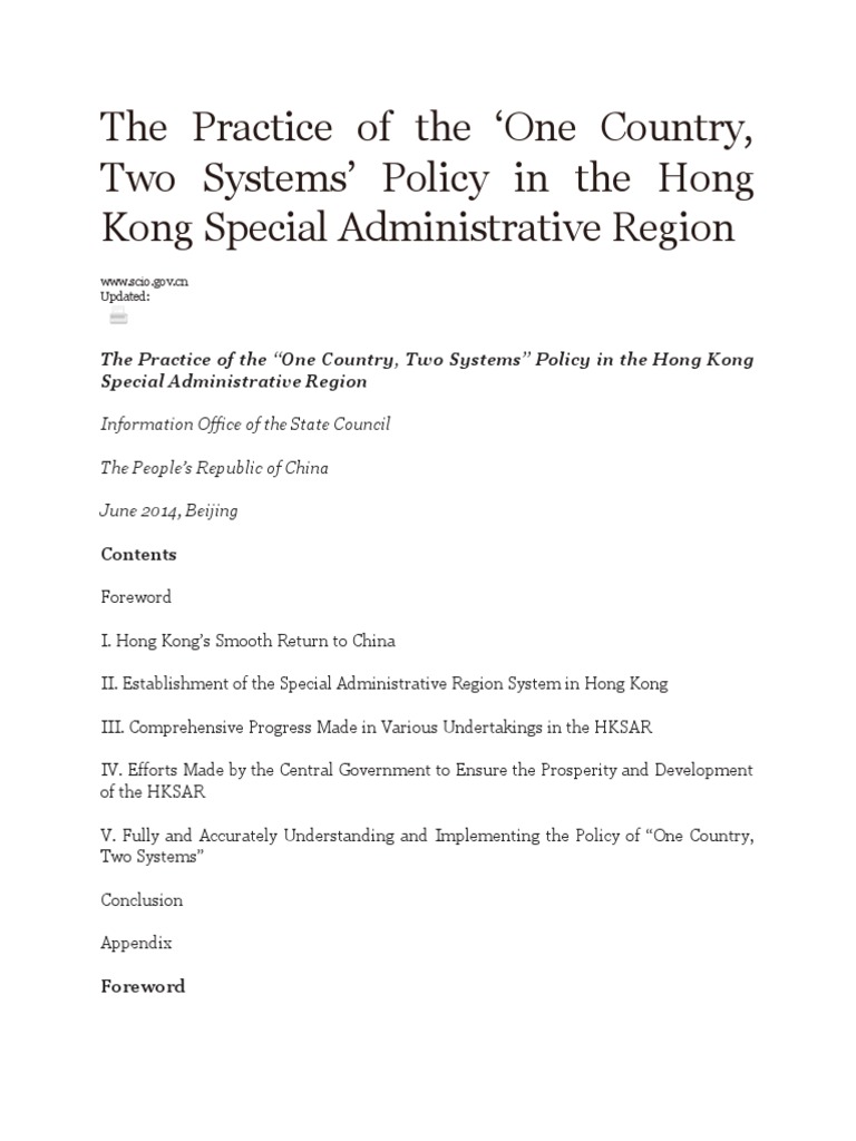 The Practice of The One Country Two Systems Policy in Hong Kong | PDF ...