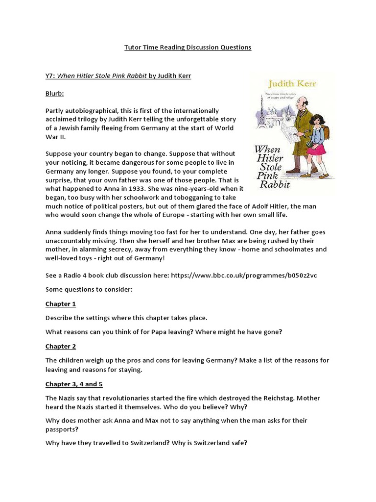 When - Hitler - Stole - Pink - Rabbit - Study QUSETIONS BY CHAPTER | PDF