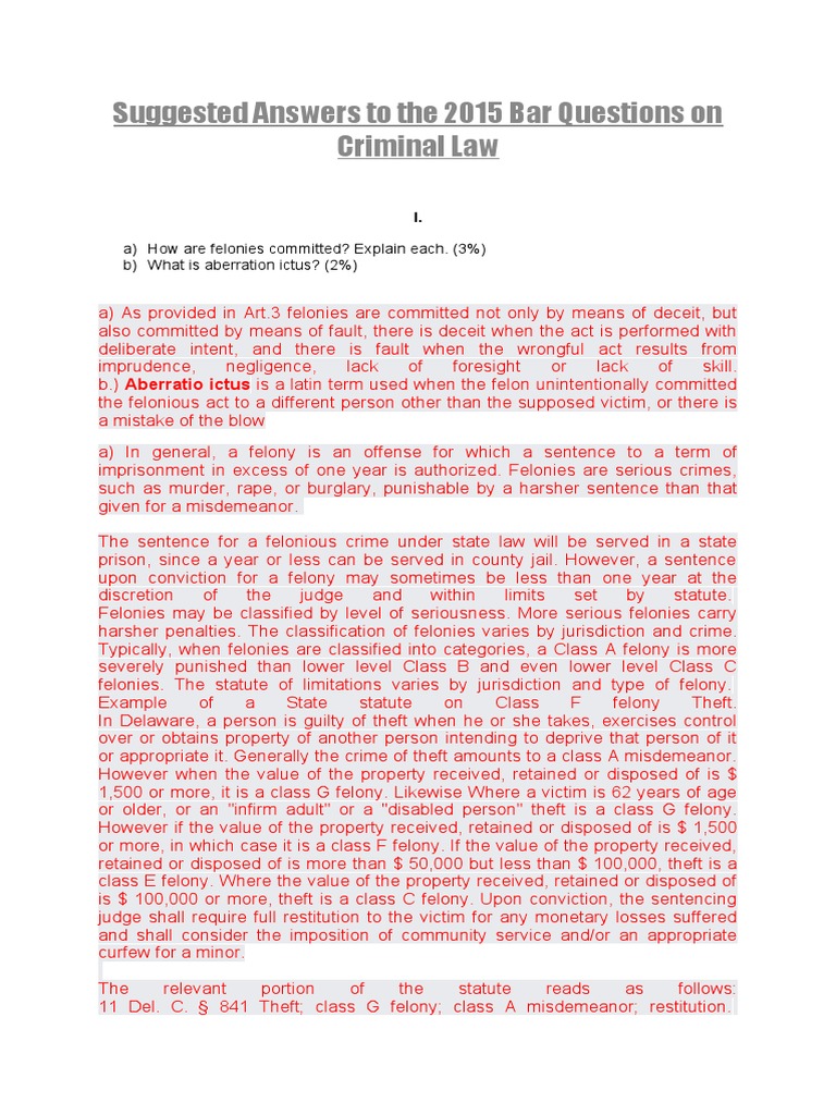 2015 Bar Exam Criminal Law Answers | PDF | Ex Post Facto Law | Felony