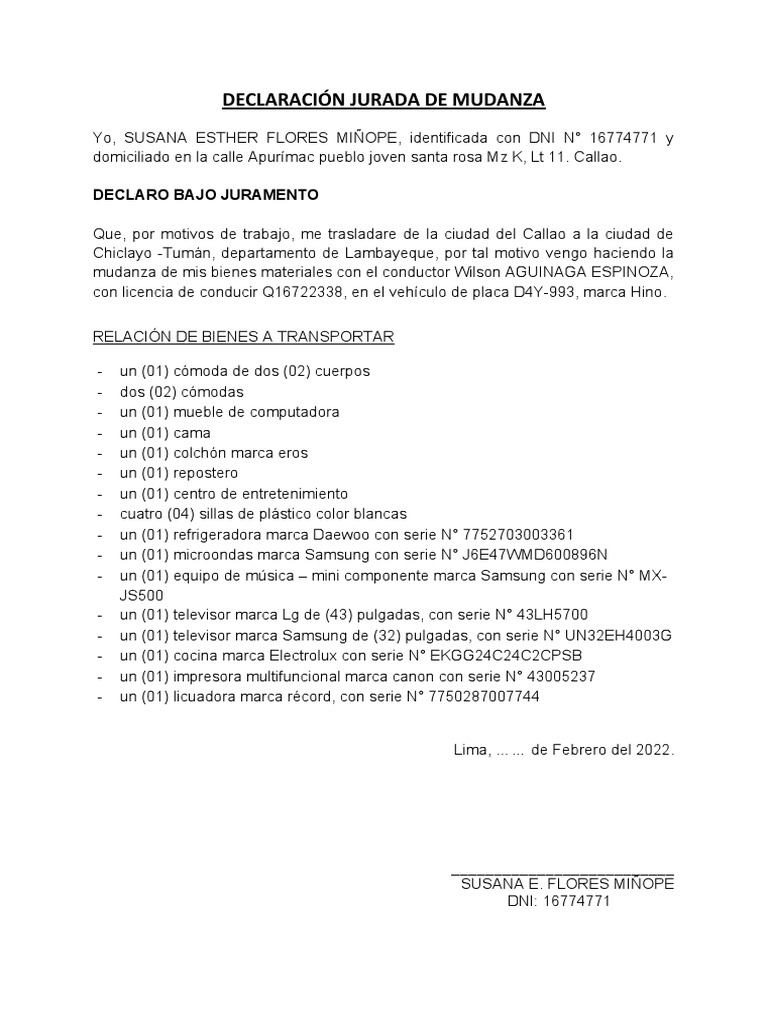 Declaración - Jurada Mudanza | PDF