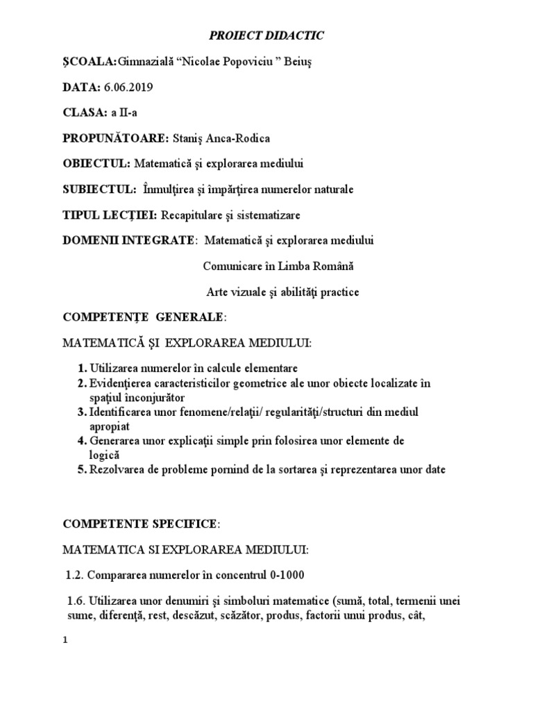 Proiect Didactic Matematica Clasa 2 | PDF