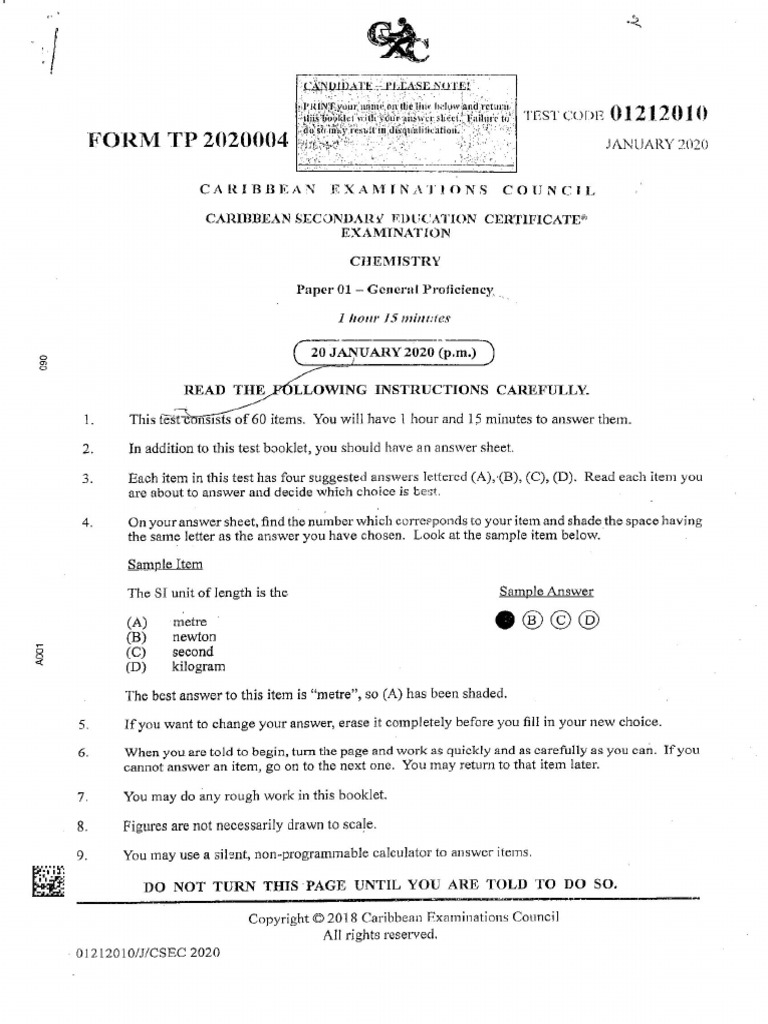 CSEC Chemistry 2020 Paper 1 January | PDF