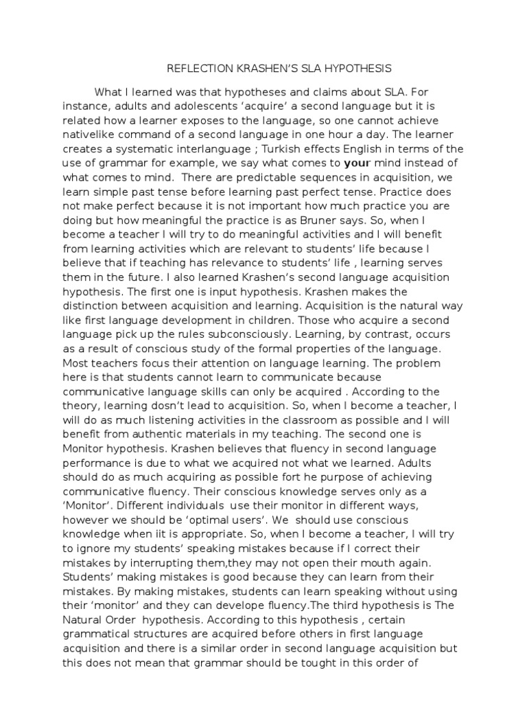 Reflection Krashen's Sla Hypothesis | PDF | Second Language Acquisition ...