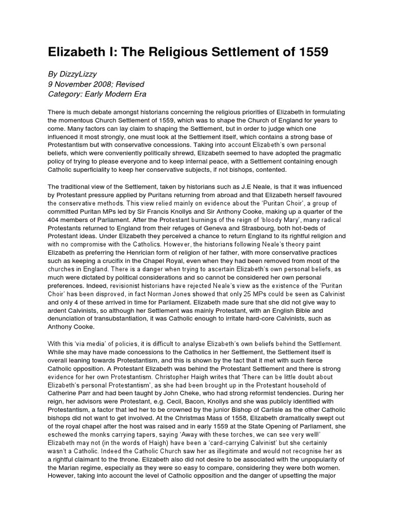 Elizabeth I The Religious Settlement of 1559 | PDF | Protestantism ...