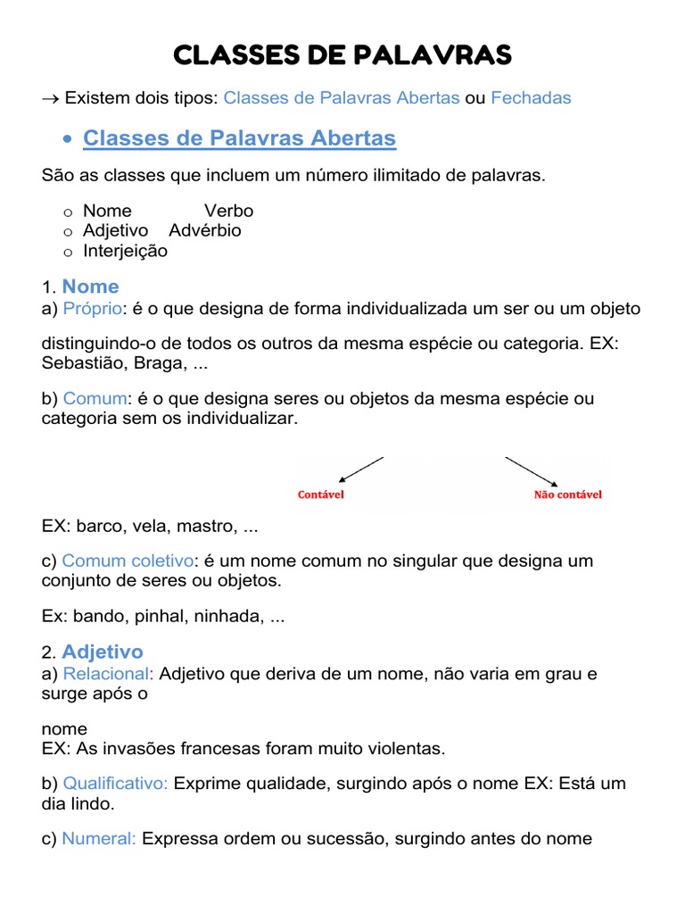 Classes de Palavras: Uma Visão Geral das Classes Abertas e Fechadas | PDF | Assunto (gramática ...