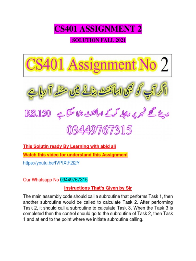 CS401 ASSIGNMENT 2 by Abid Ali | Download Free PDF | Assembly Language | Subroutine