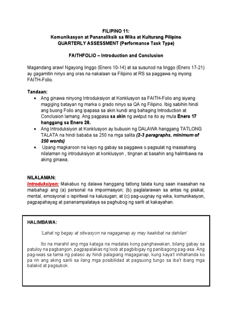 FILIPINO Sample Introduction Conclusion FAITHFOLIO | PDF