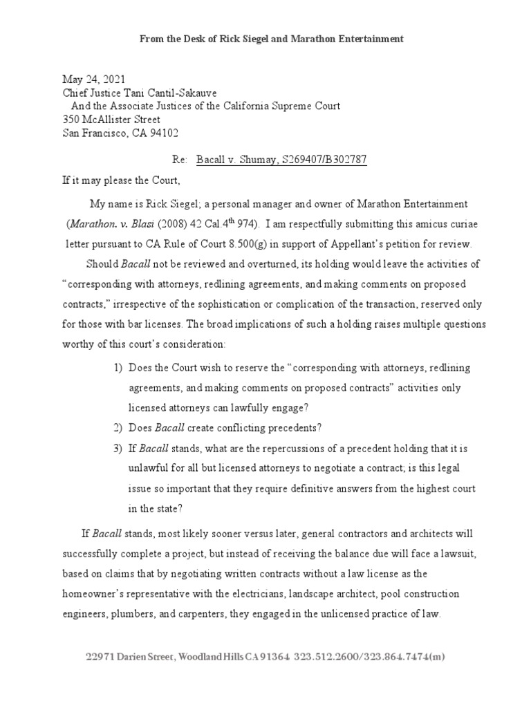 Siegel Amicus Letter For Bacall v. Shumway | PDF | Lawyer | Practice Of Law