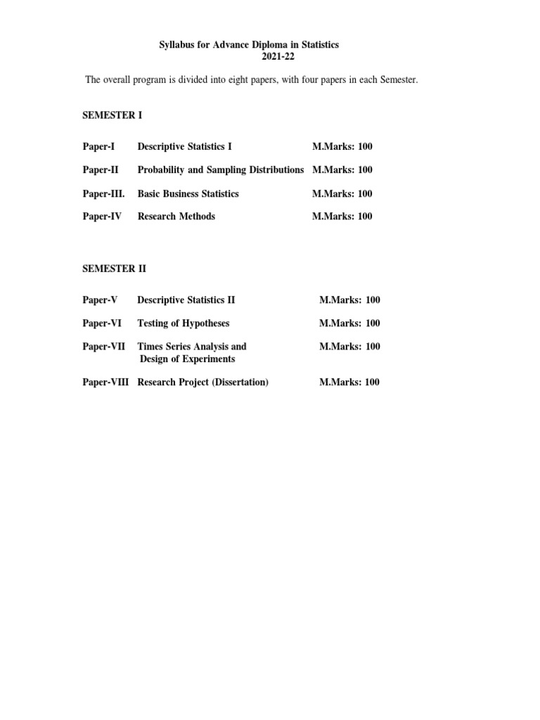Advance Diploma in Statistics Syllabus | PDF | Statistics | Mean