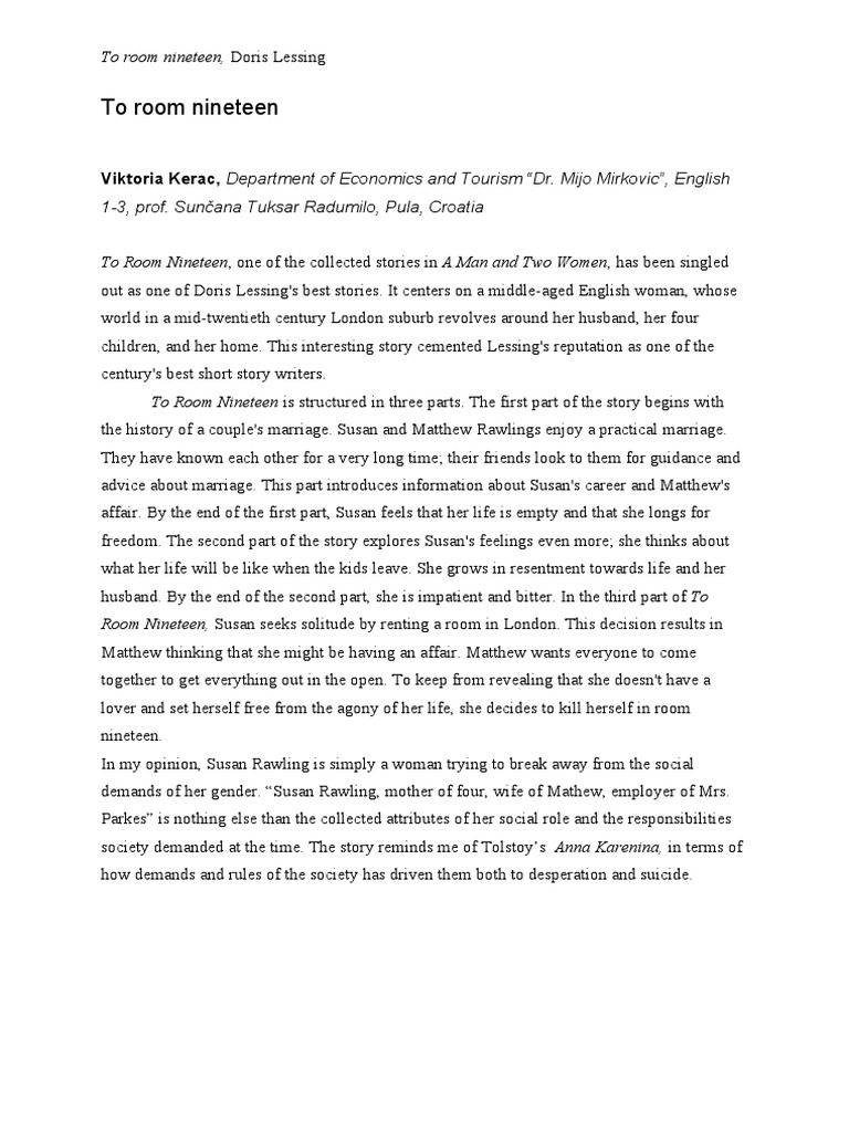 To Room Nineteen Doris Lessing Short Ess | PDF